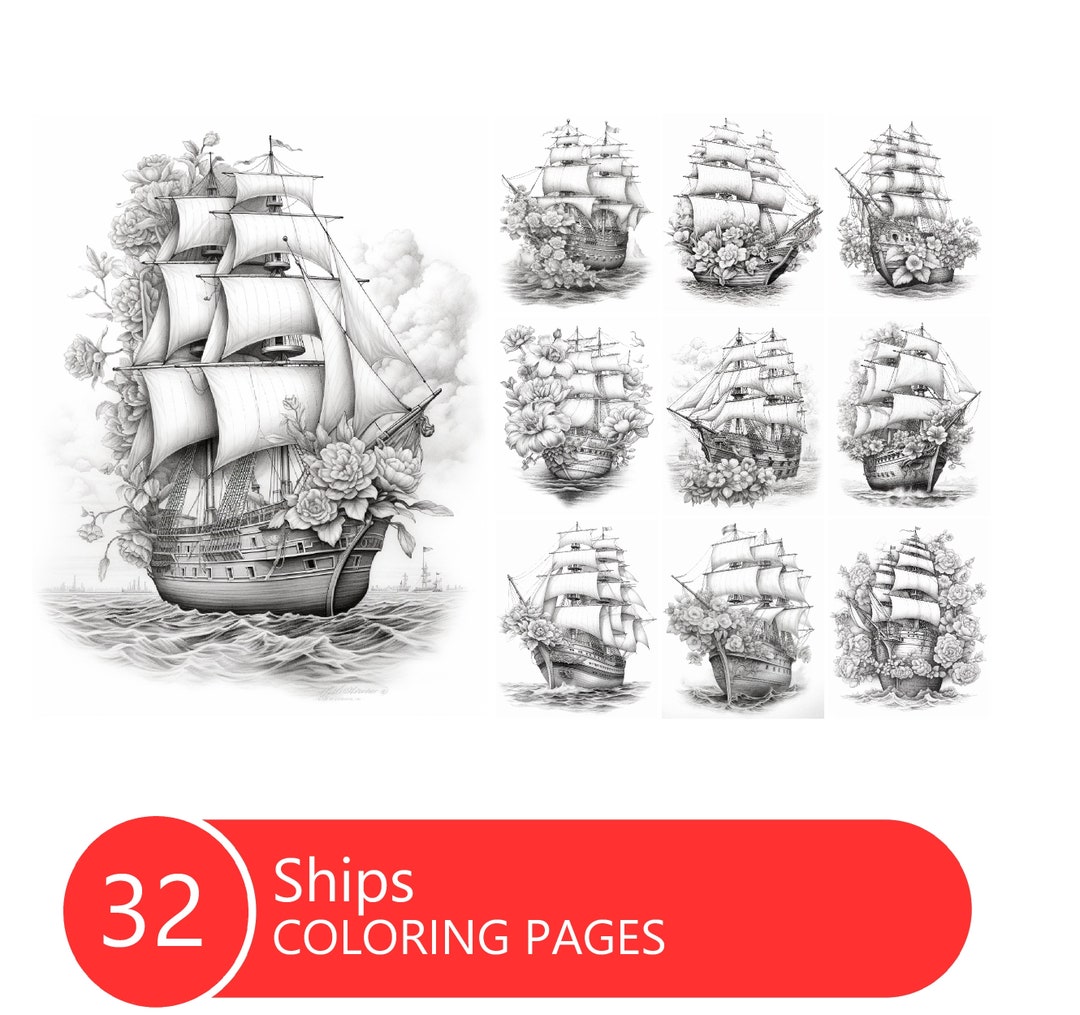 Ships Coloring Book for Adults and Kids, Grayscale Coloring Pages ...