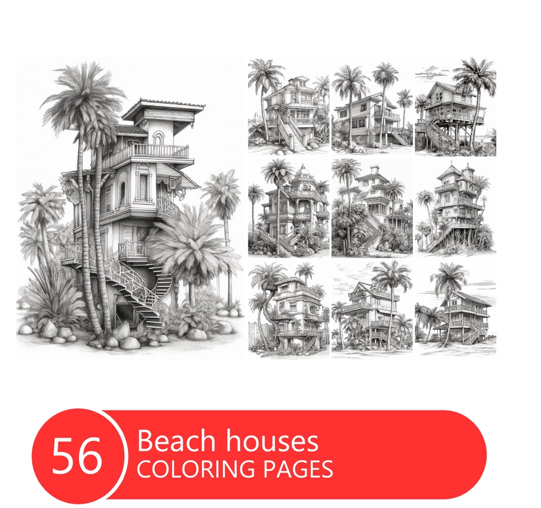 Beach Houses Coloring Book for Adults and Kids, Grayscale Coloring ...