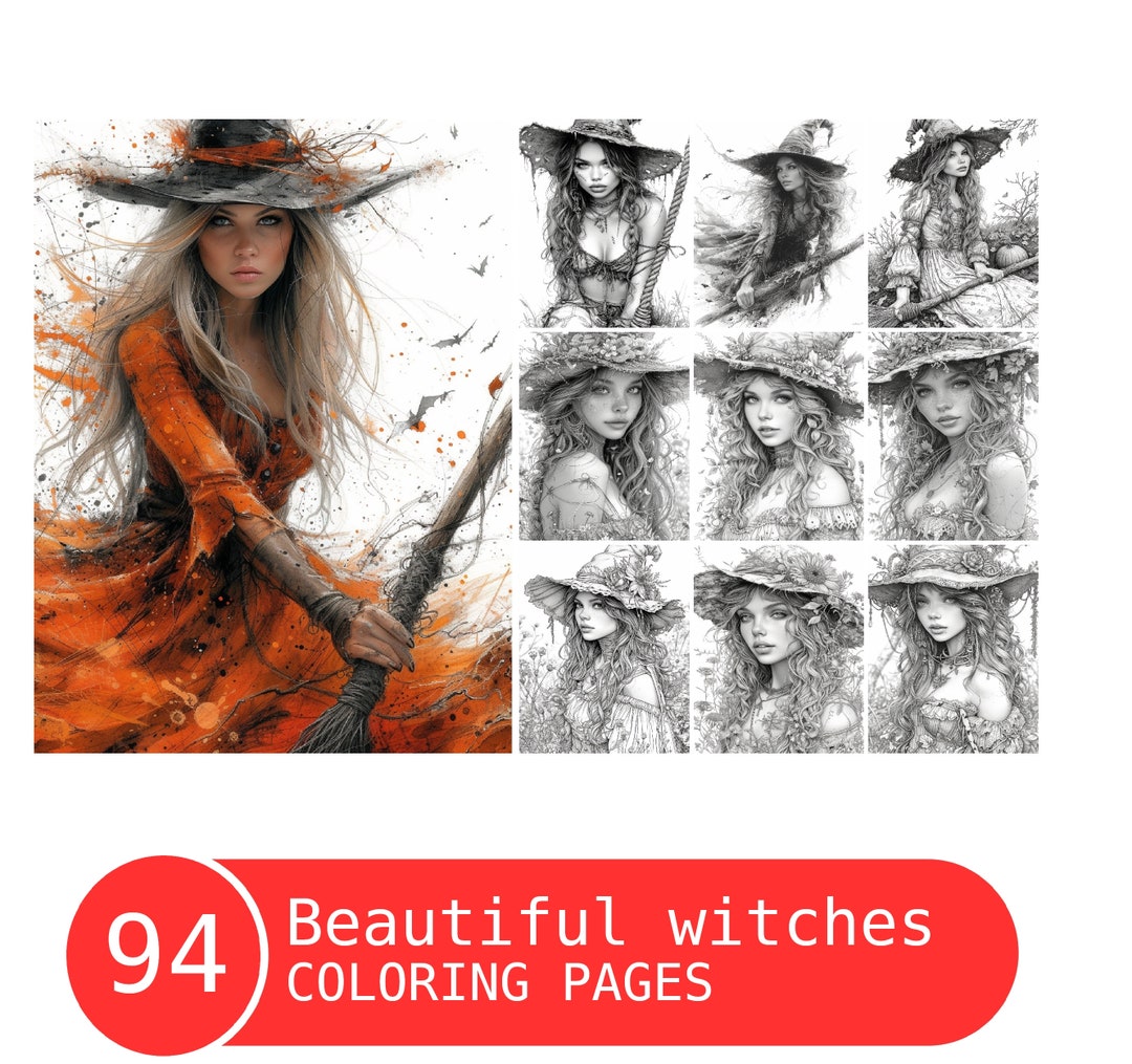 Beautiful Witches Coloring Book for Adults and Kids, Grayscale Coloring ...