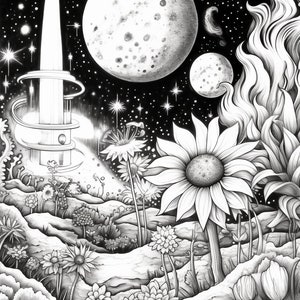 Cosmic Garden Coloring Book for Adults and Kids, Grayscale Coloring ...