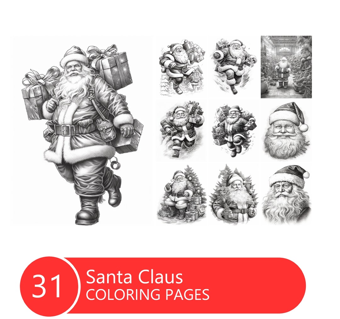 Santa Claus Coloring Book for Adults and Kids, Grayscale Coloring Pages ...
