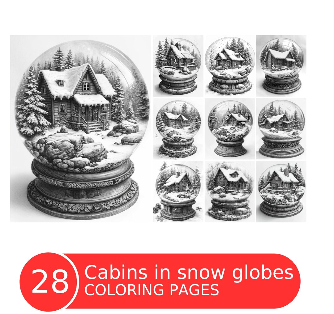 Cabins in Snow Globes Coloring Book: Grayscale Winter Scenes (printable ...
