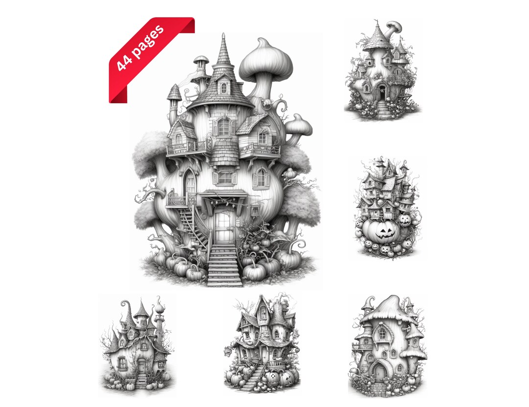 Pumpkin House Grayscale Coloring Pages, Adults and Kids Coloring Book ...