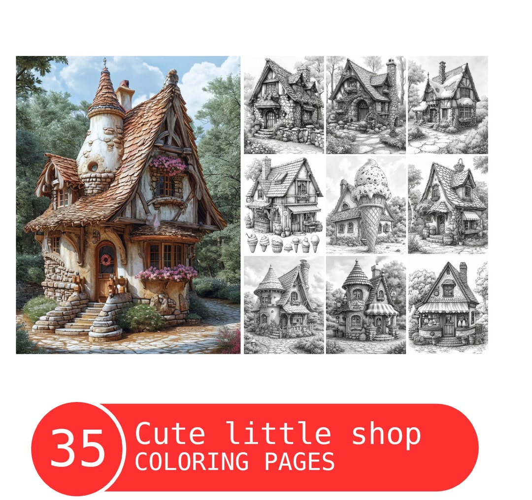 Cute Little Shop Coloring Book for Adults and Kids, Grayscale Coloring ...