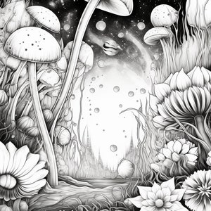 Cosmic Garden Coloring Book for Adults and Kids, Grayscale Coloring ...