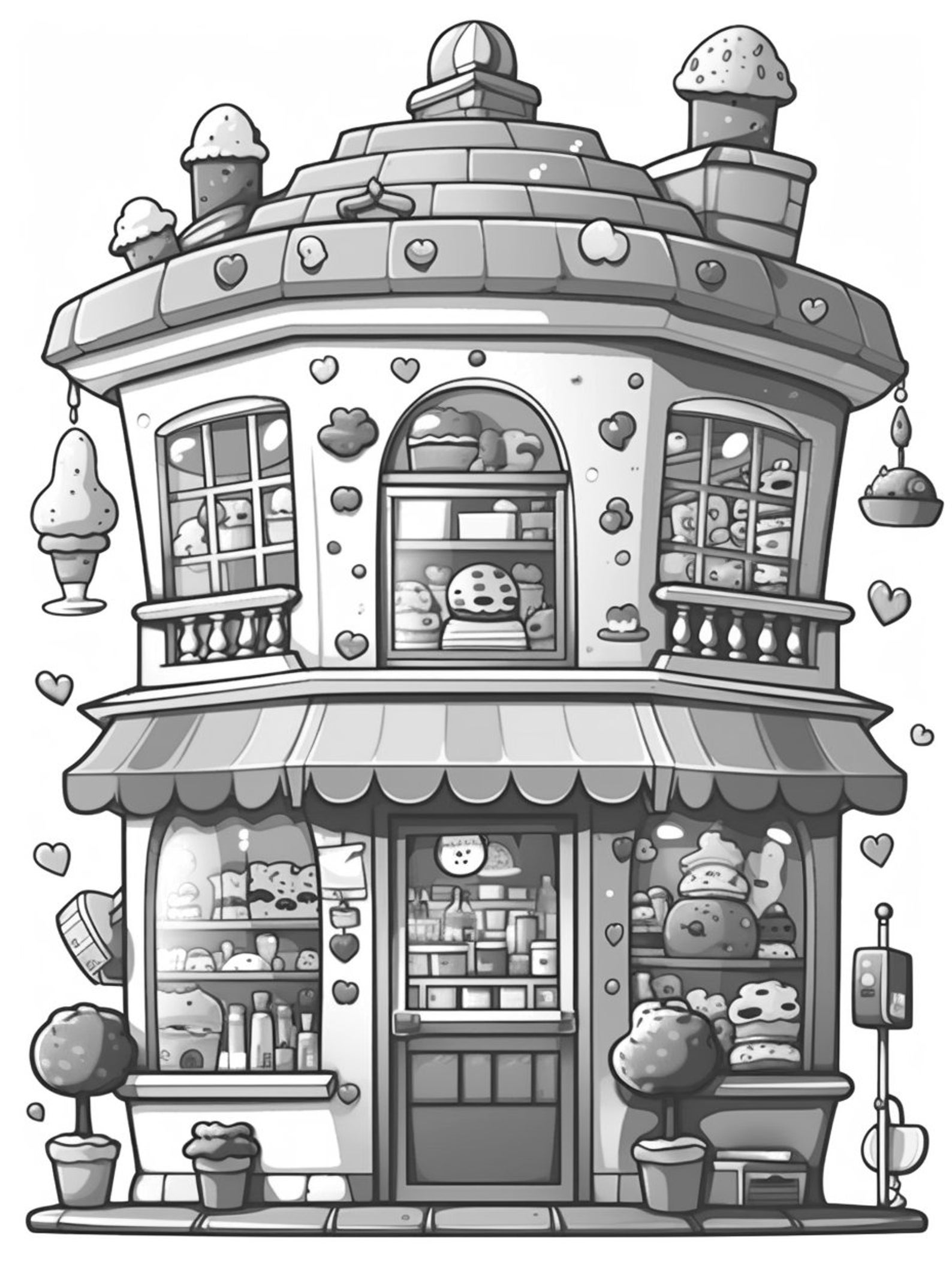 Store Fronts Coloring Book for Adults and Kids, Grayscale Coloring ...