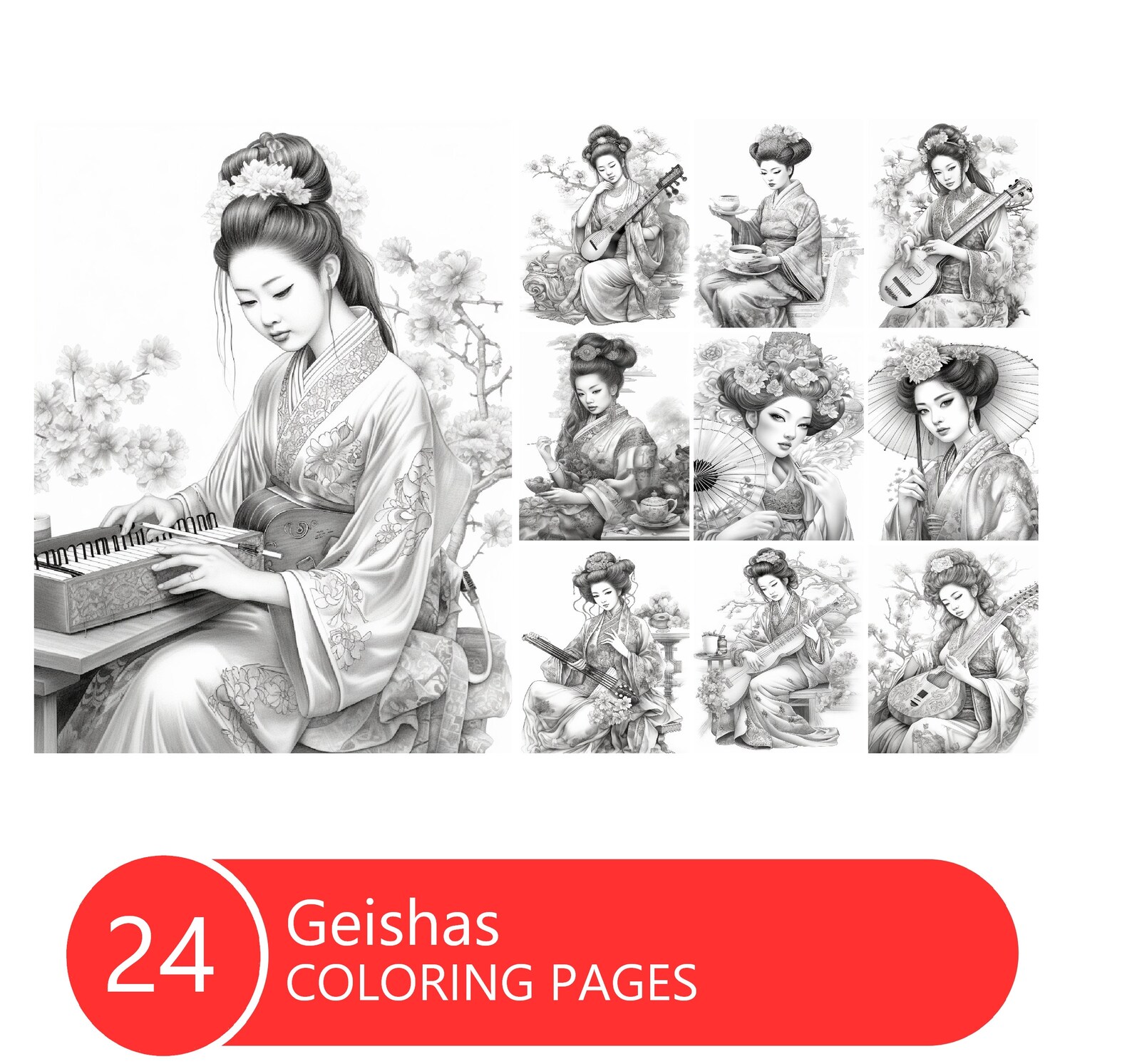 Geishas Coloring Book for Adults and Kids, Grayscale Coloring Pages ...