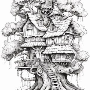 Enchanted Treehouse Coloring Page for Adults + Kids, Instant Download ...
