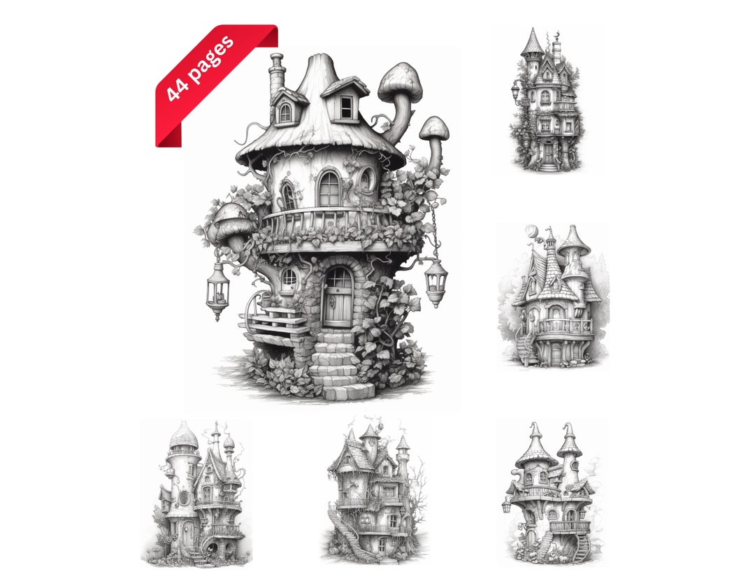 Enchanted Fairy Houses Coloring Book: Grayscale Illustrations ...