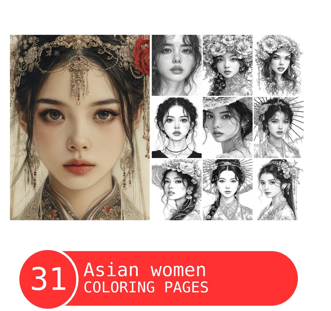 Asian Women Vol 2 Coloring Book for Adults and Kids, Grayscale Coloring ...