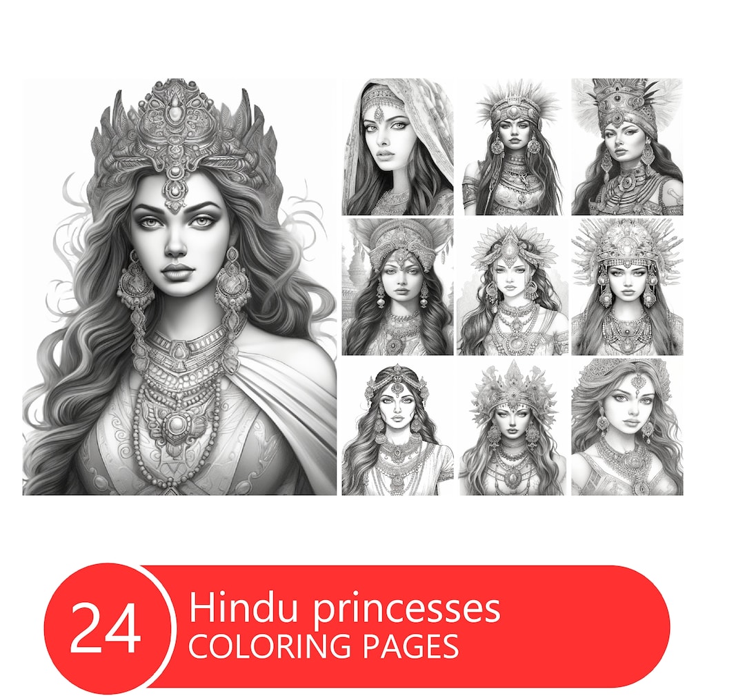 Hindu Princesses Coloring Book for Adults and Kids, Grayscale Coloring ...
