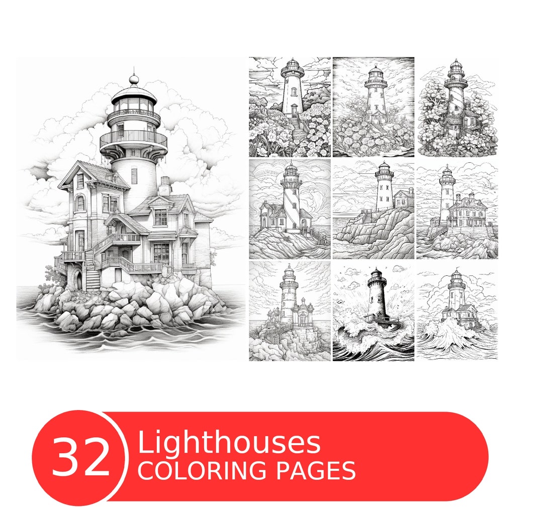 Lighthouses Coloring Book for Adults and Kids, Grayscale Coloring Pages ...