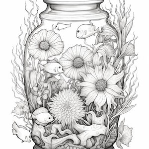 Jars and Flowers Coloring Book for Adults and Kids, Grayscale Coloring ...
