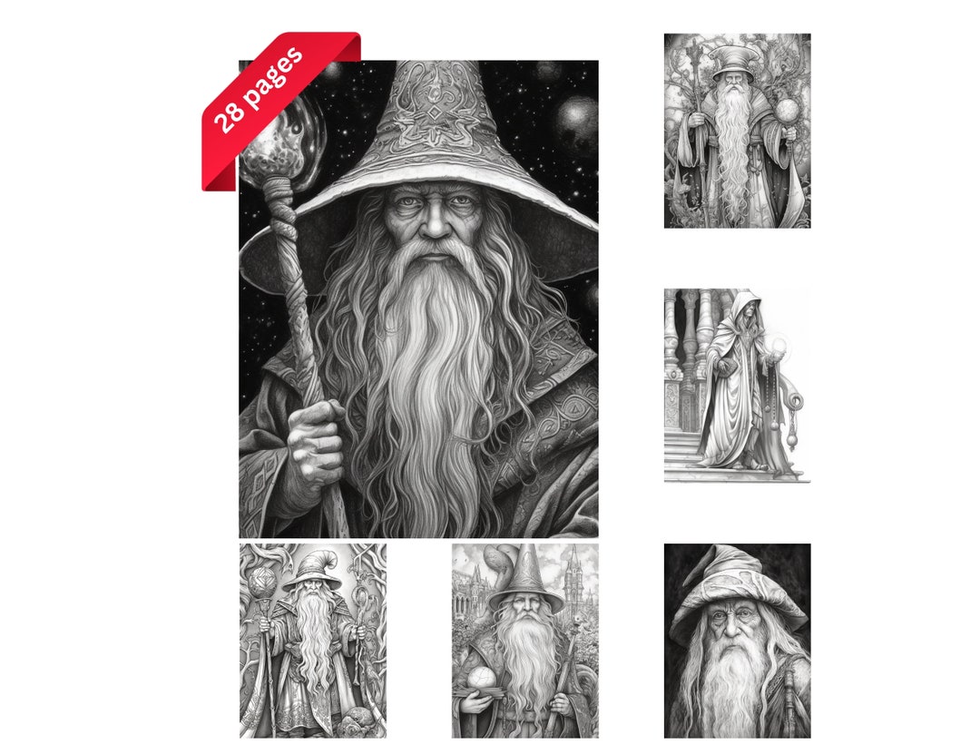 Wizards and Mages Coloring Page for Adults and Teens, Grayscale ...
