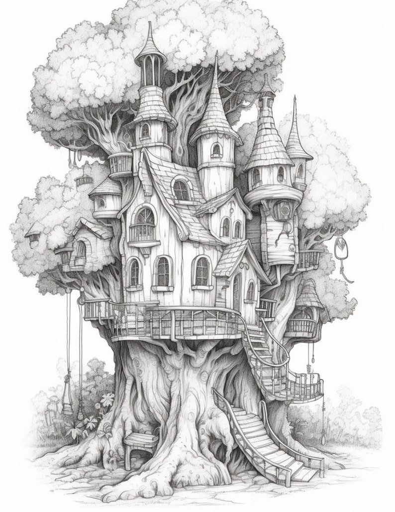 Enchanted Treehouse Coloring Page for Adults + Kids, Instant Download ...