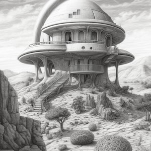 Futuristic Alien House Coloring Book for Adults and Kids, Grayscale ...