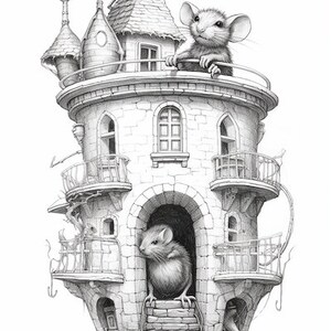 Magical Mouse House Coloring Book for Adults and Kids, Grayscale ...