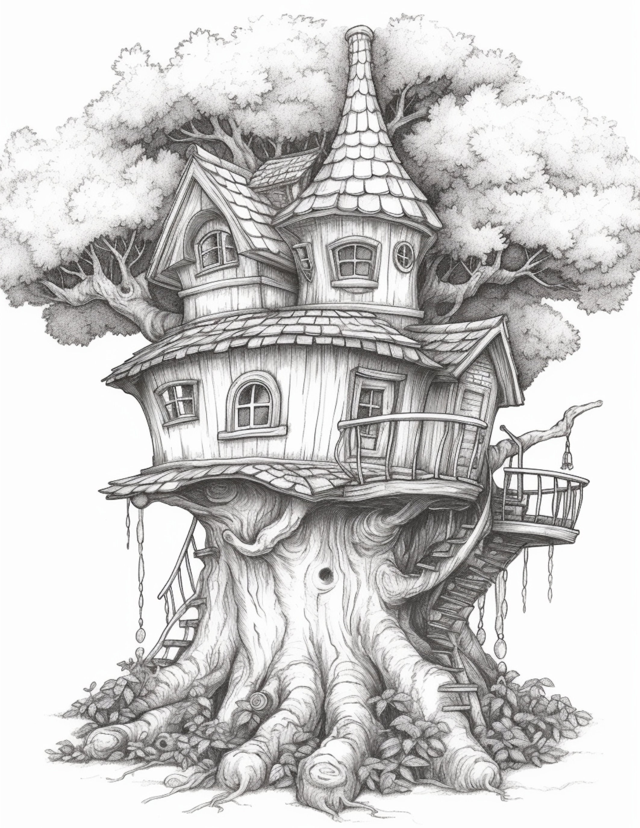 Enchanted Treehouse Coloring Page for Adults + Kids, Instant Download ...