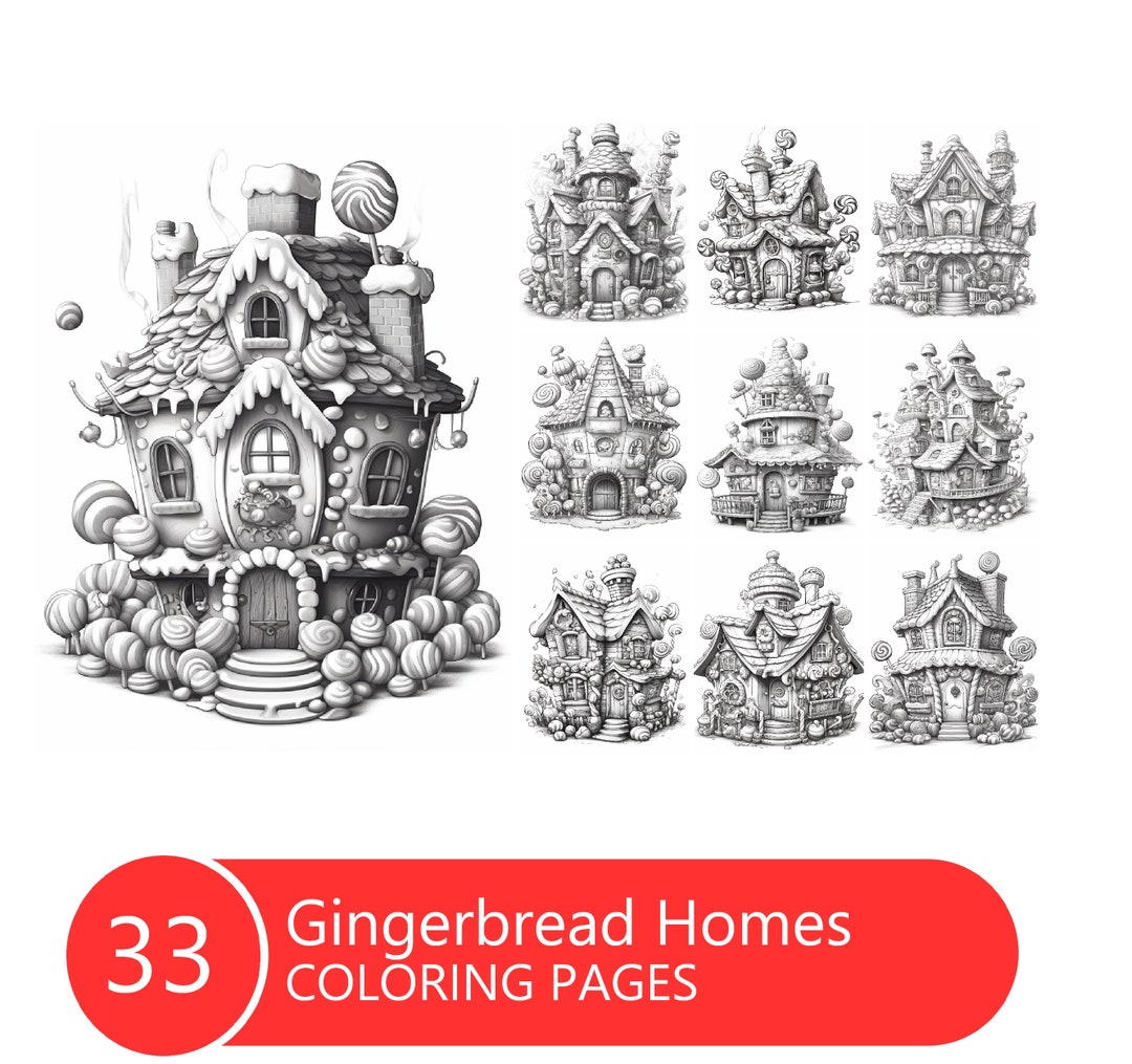Gingerbread Homes Coloring Book for Adults and Kids, Grayscale Coloring ...