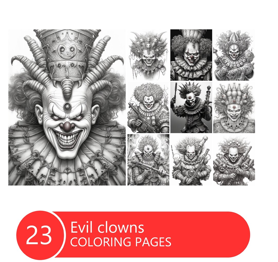 Evil Clowns Coloring Book for Adults and Kids, Grayscale Coloring Pages ...