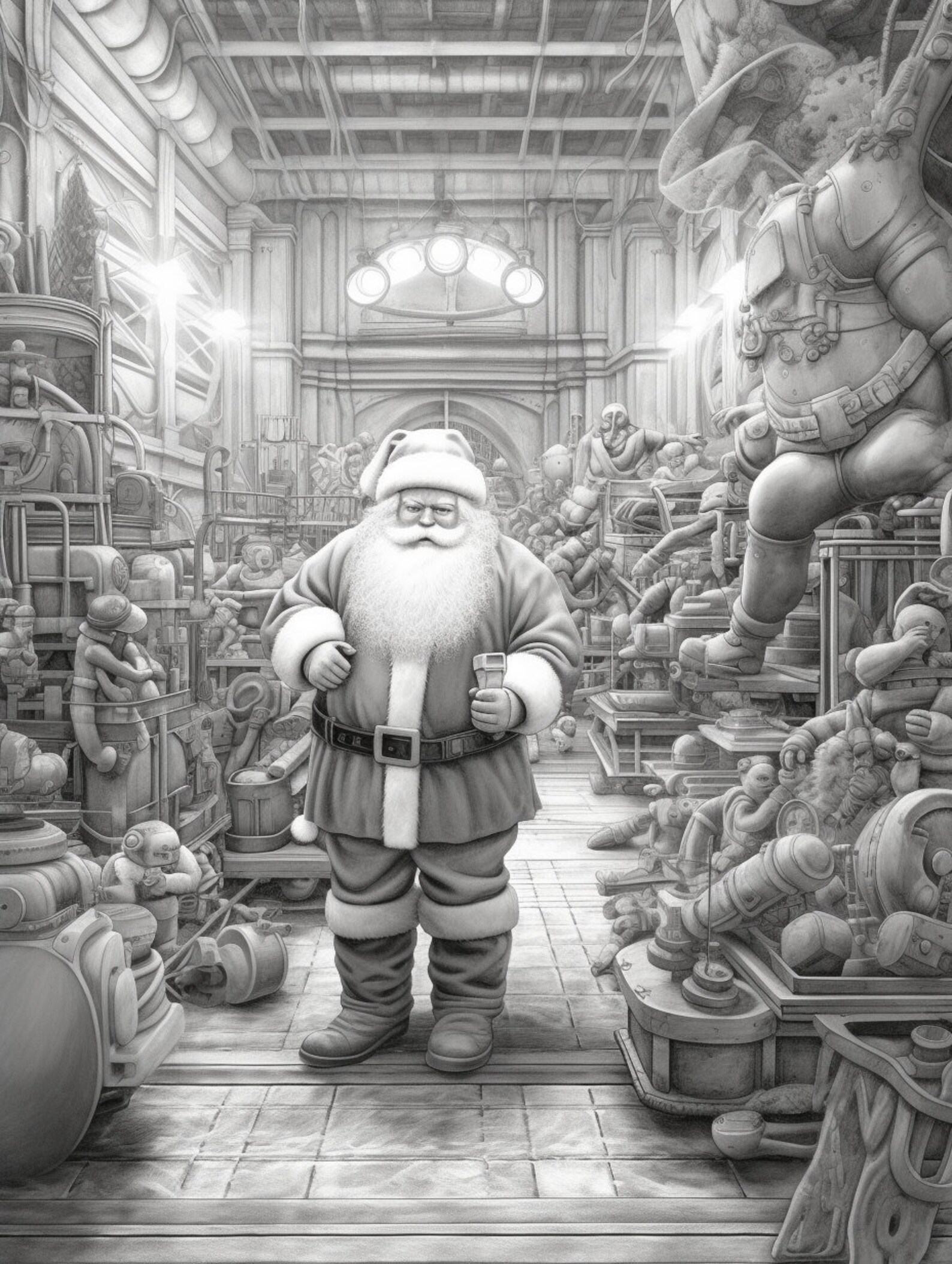 Santa Claus Coloring Book for Adults and Kids, Grayscale Coloring Pages ...