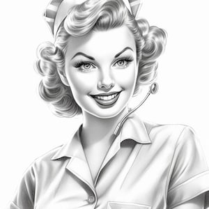 Vintage Pinup Coloring Book for Adults and Kids, Grayscale Coloring ...