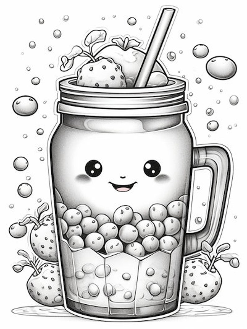 Cute Kawaii Boba Tea Coloring Book for Adults and Kids, Grayscale ...