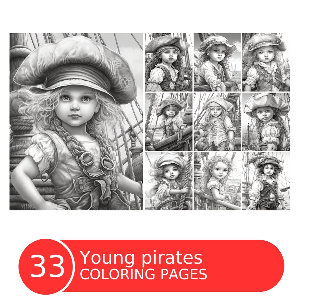 Young Pirates Coloring Book for Adults and Kids, Grayscale Coloring ...