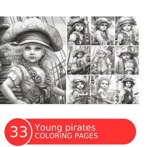Young Pirates Coloring Book for Adults and Kids, Grayscale Coloring ...
