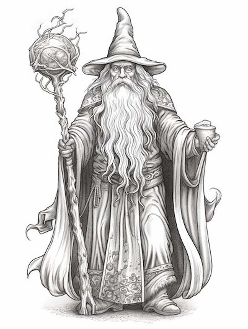 Wizard Grayscale Coloring Book: Mystical Illustrations (printable PDF ...