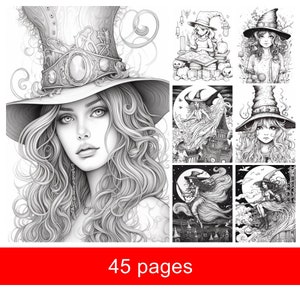 Witches Coloring Page for Adults and Teens, Grayscale Coloring Book ...