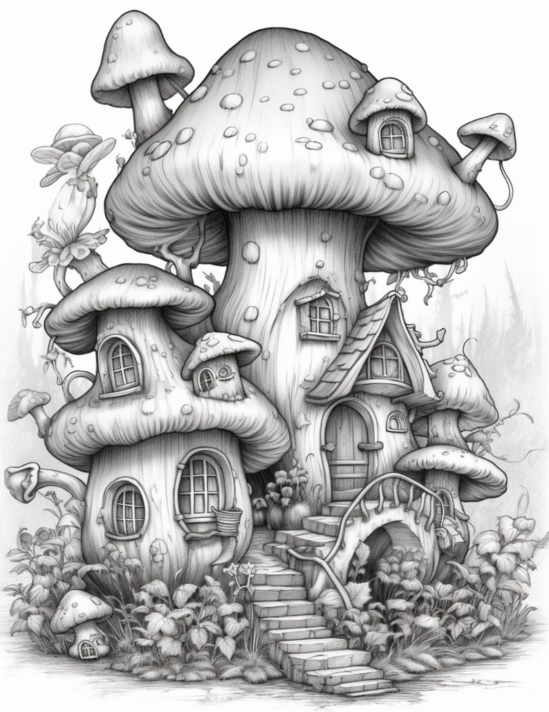 Mushroom Houses Coloring Book for Adults and Kids Instant - Etsy