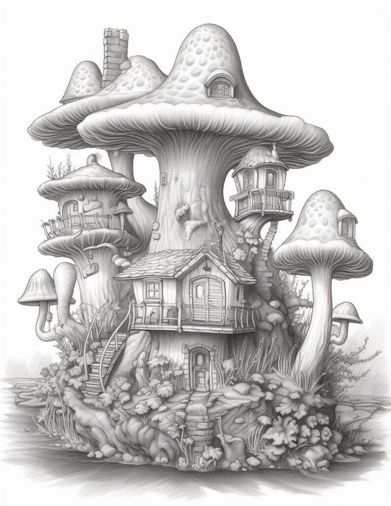 Mushroom Houses Coloring Book for Adults and Kids Instant - Etsy