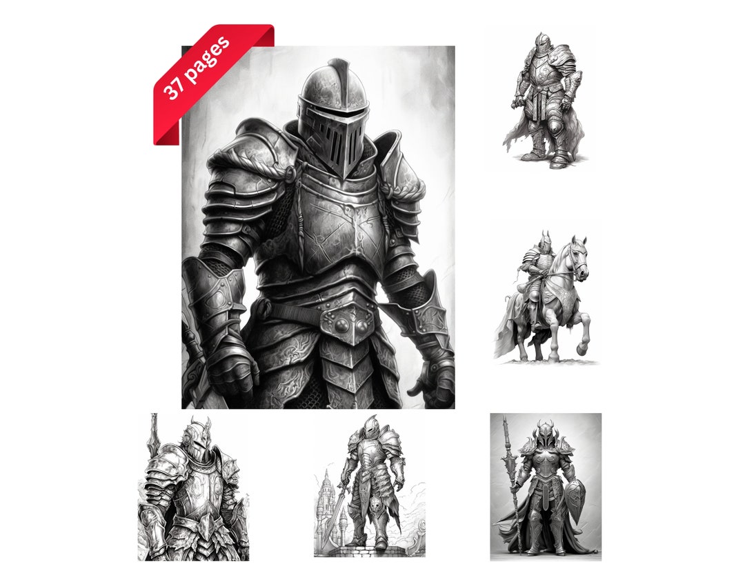 Knights Coloring Page for Adults and Teens, Grayscale Coloring Book ...