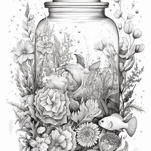 Jars and Flowers Coloring Book for Adults and Kids, Grayscale Coloring ...