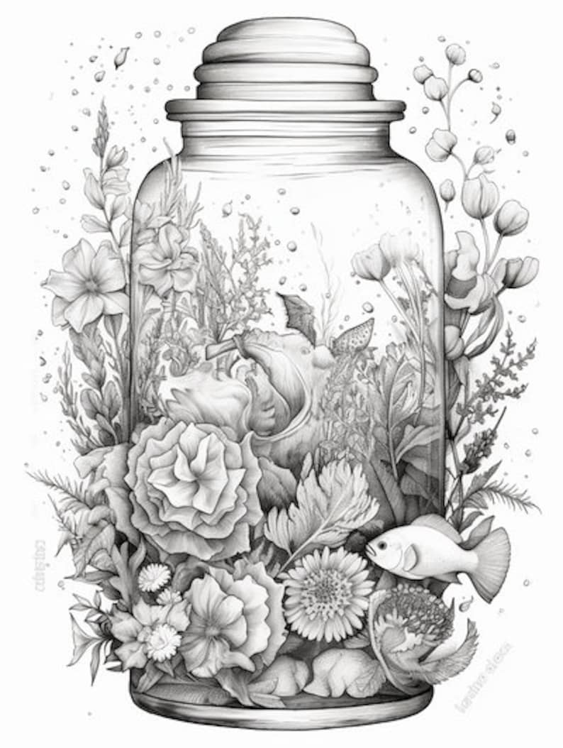 Jars and Flowers Coloring Book for Adults and Kids Grayscale - Etsy