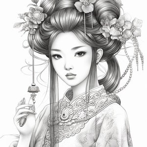 Japanese Princesses Coloring Book for Adults and Kids, Grayscale ...