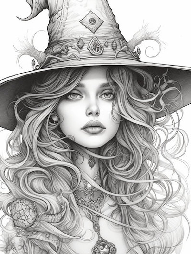 Witch Coloring Book: Grayscale Illustrations (printable PDF File) - Etsy