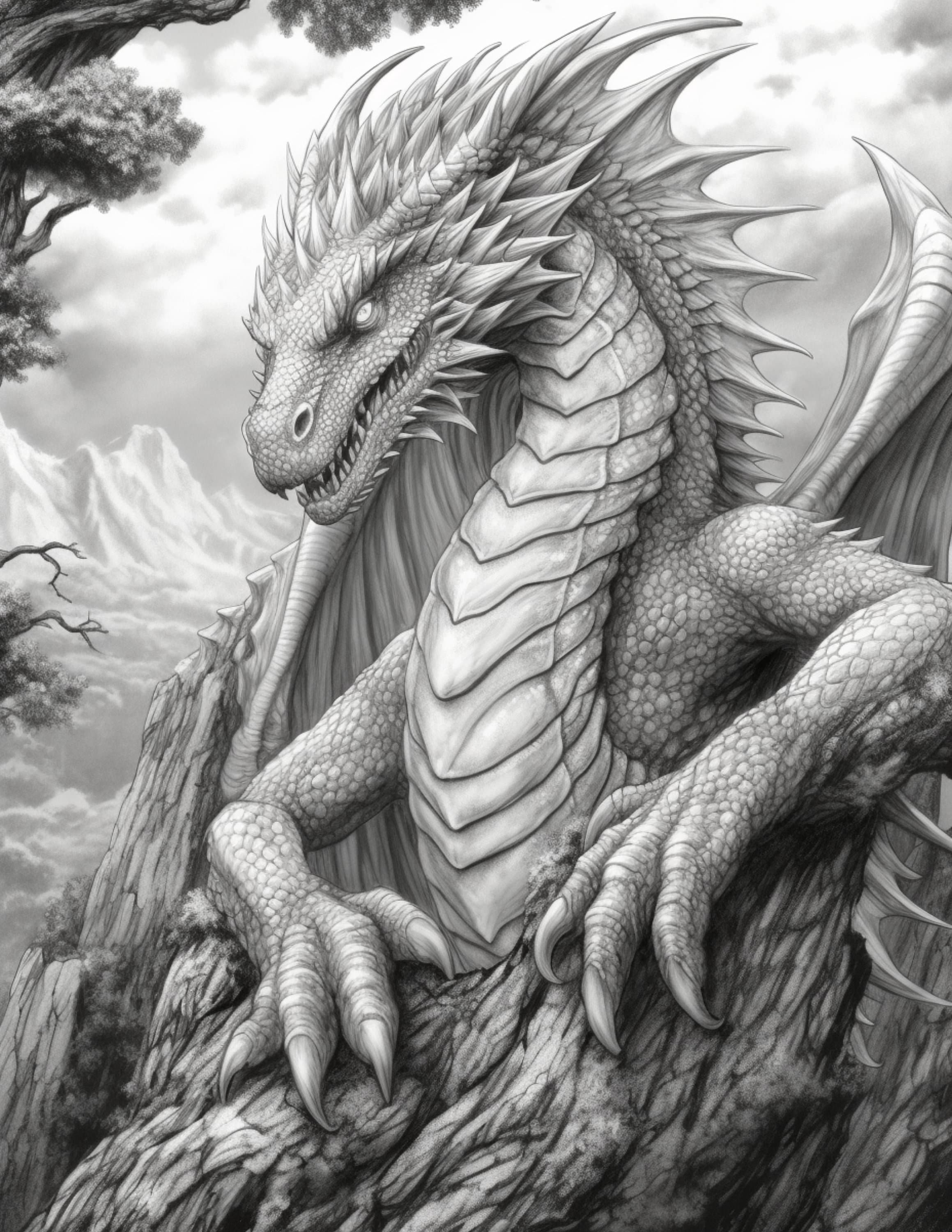 Dragons Coloring Page for Adults and Teens, Grayscale Coloring Book ...