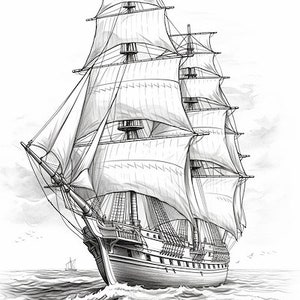 Sailing Ship Coloring Book: 24 Grayscale Pages (printable PDF File ...