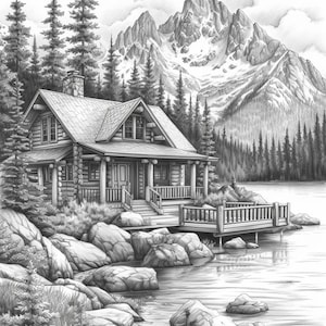 Cabins Coloring Book for Adults and Kids, Grayscale Coloring Pages ...
