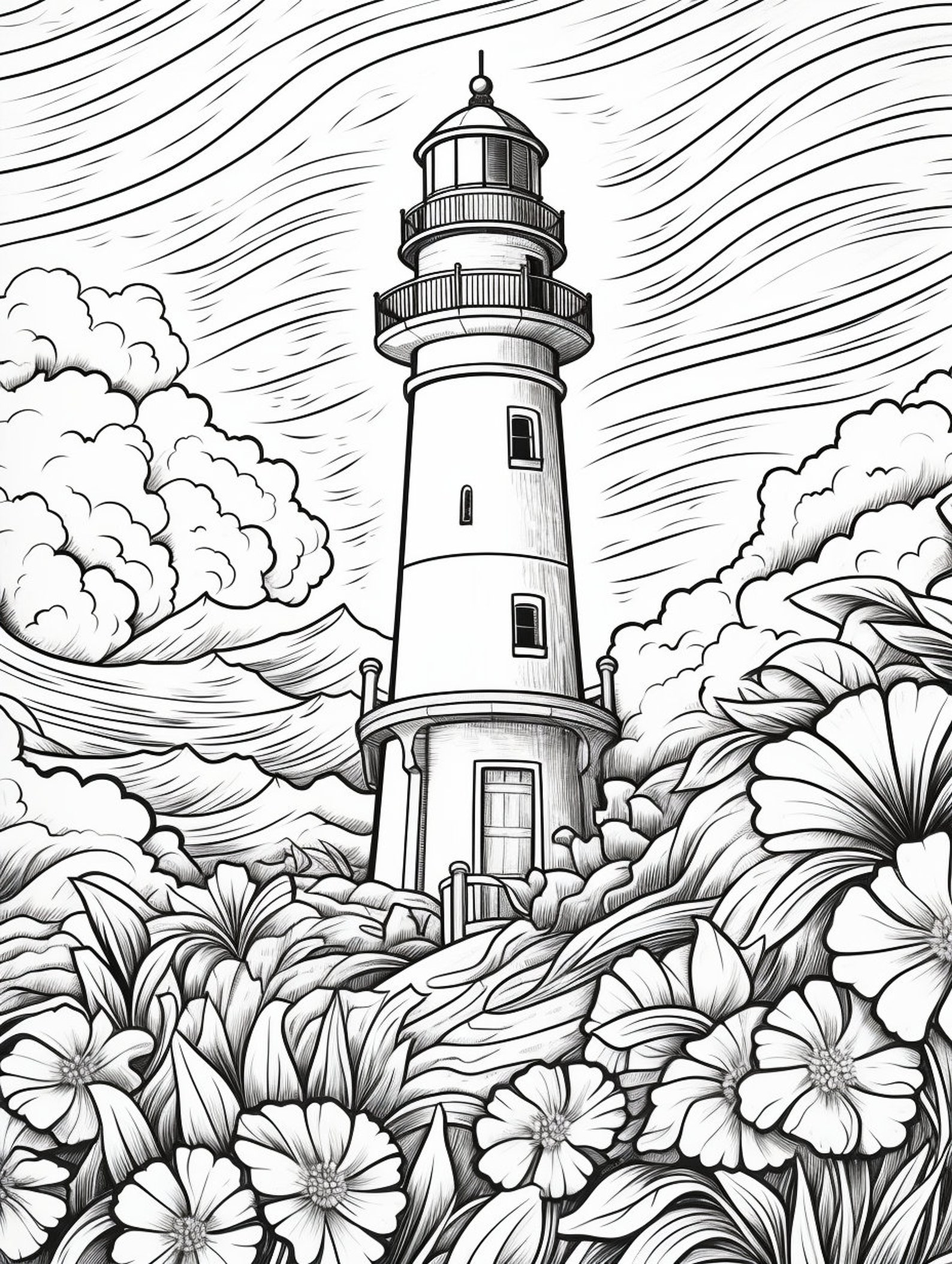 Lighthouses Coloring Book for Adults and Kids, Grayscale Coloring Pages ...