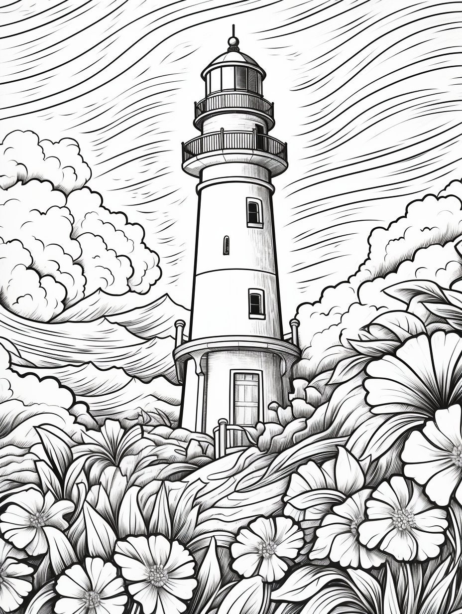 Lighthouses Coloring Book for Adults and Kids, Grayscale Coloring Pages ...