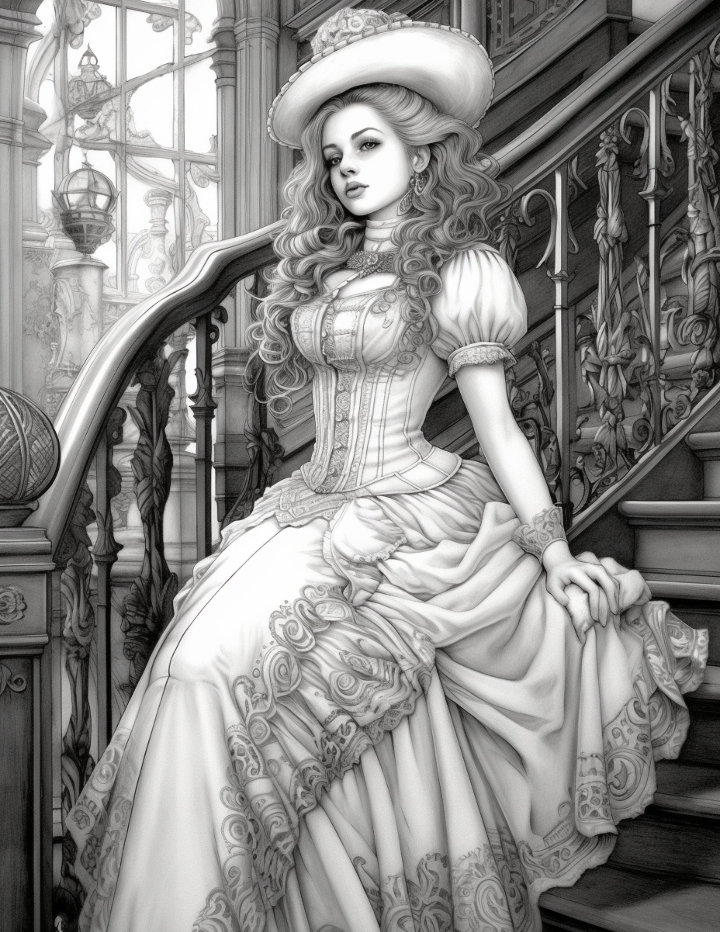 Victorian Women Coloring Pages for Adults and Teens Grayscale - Etsy Canada