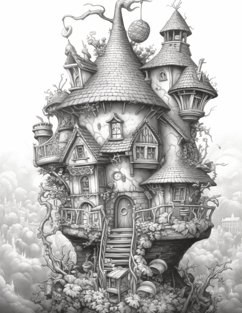 Enchanted Fairy Houses Coloring Book: Grayscale Illustrations ...