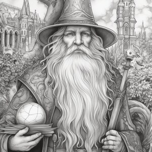 Wizards and Mages Coloring Page for Adults and Teens, Grayscale ...