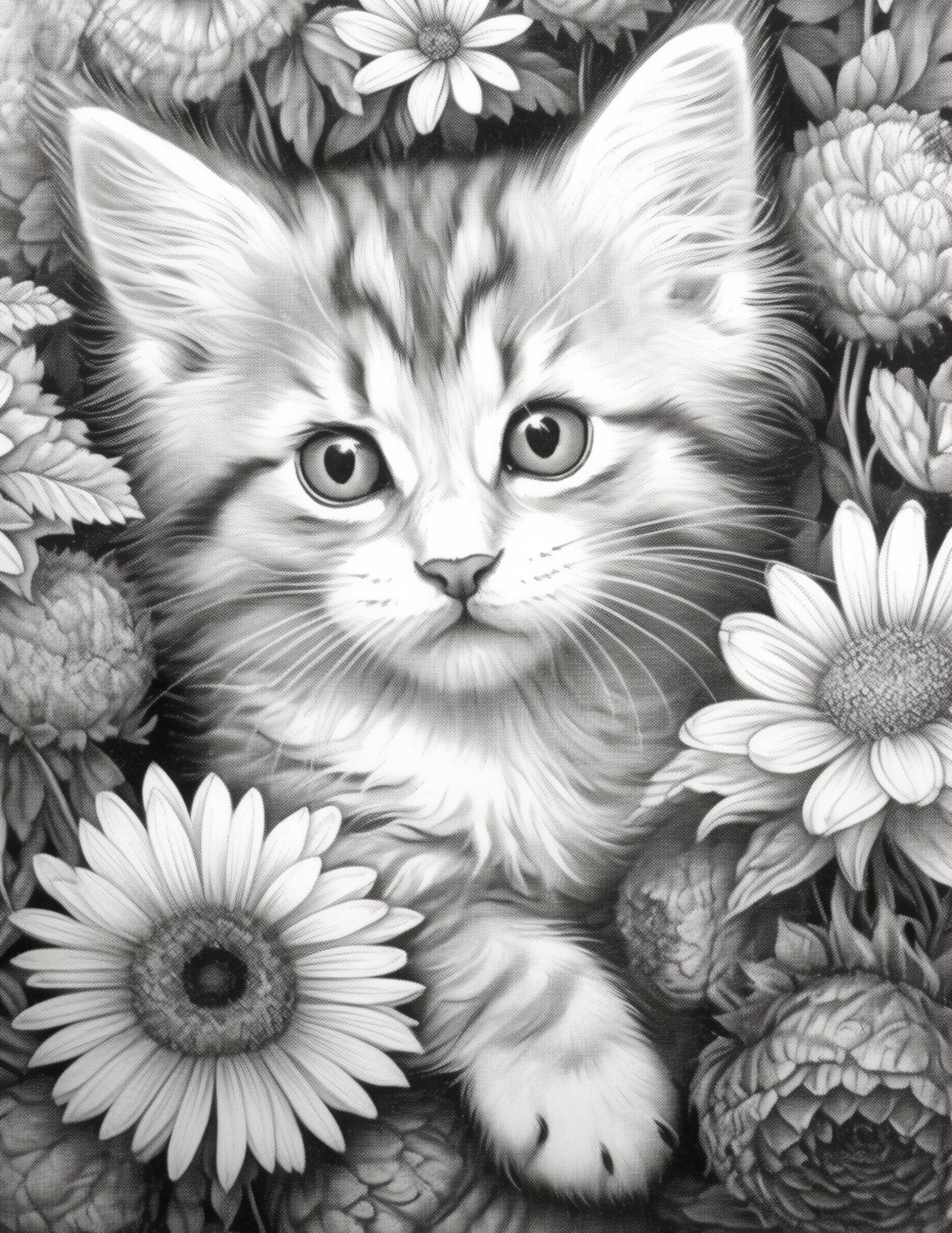 24 Cute Flower Cat Coloring Book, Adults Kids Coloring Pages, Instant ...