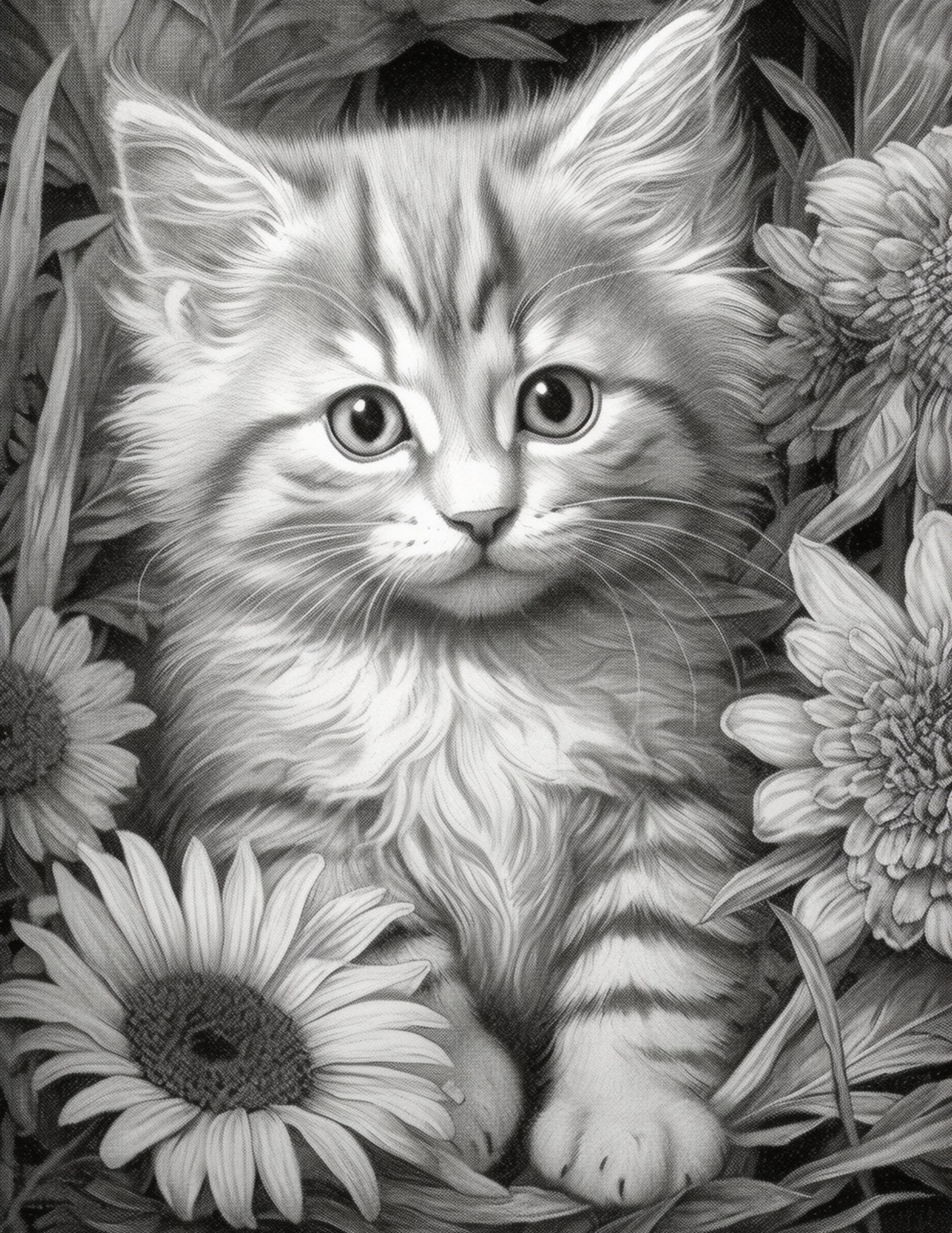 24 Cute Flower Cat Coloring Book, Adults Kids Coloring Pages, Instant ...