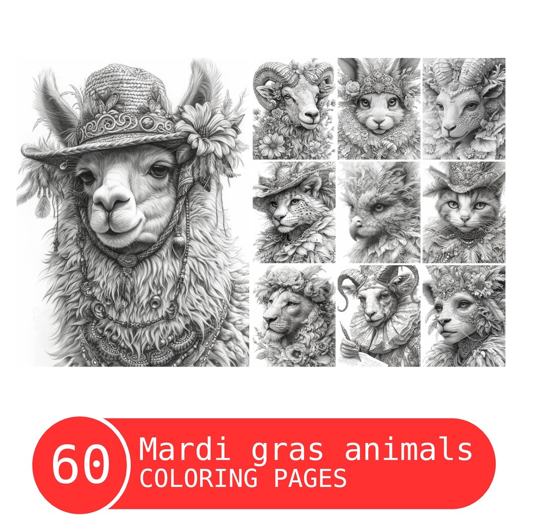 Mardi Gras Animals Coloring Book: 60 Grayscale Pages (printable PDF ...