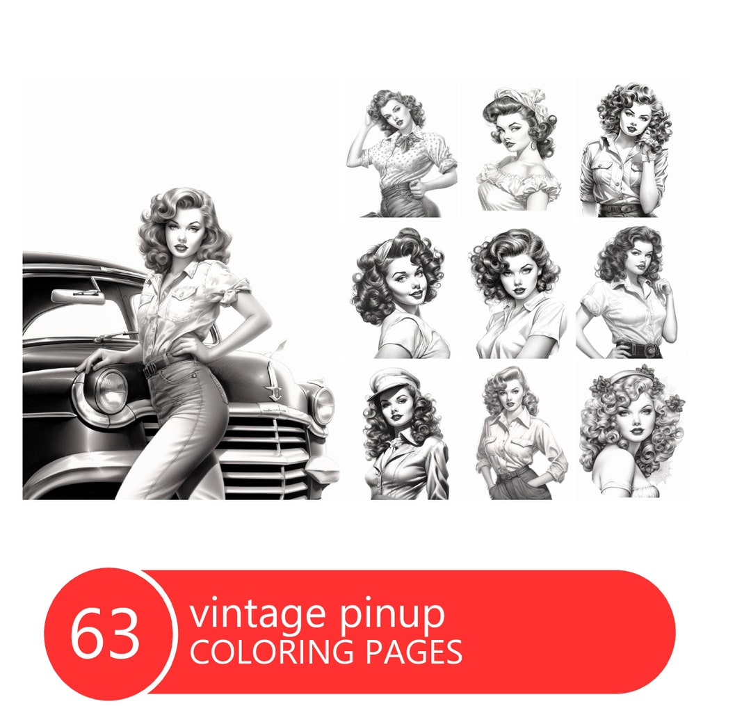 Vintage Pinup Coloring Book for Adults and Kids, Grayscale Coloring ...